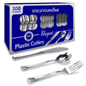 stock your home silver plastic cutlery set 300 pack disposable silverware heavy duty plastic 100 forks, 100 knives, 100 spoons for catering events, parties, dinners, weddings, receptions, everyday use