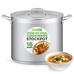 nutrichef 16-quart stainless steel stockpot - 18/8 food grade heavy duty large stock pot for stew, simmering, soup, includes lid, dishwasher safe, works w/induction, ceramic & halogen cooktops