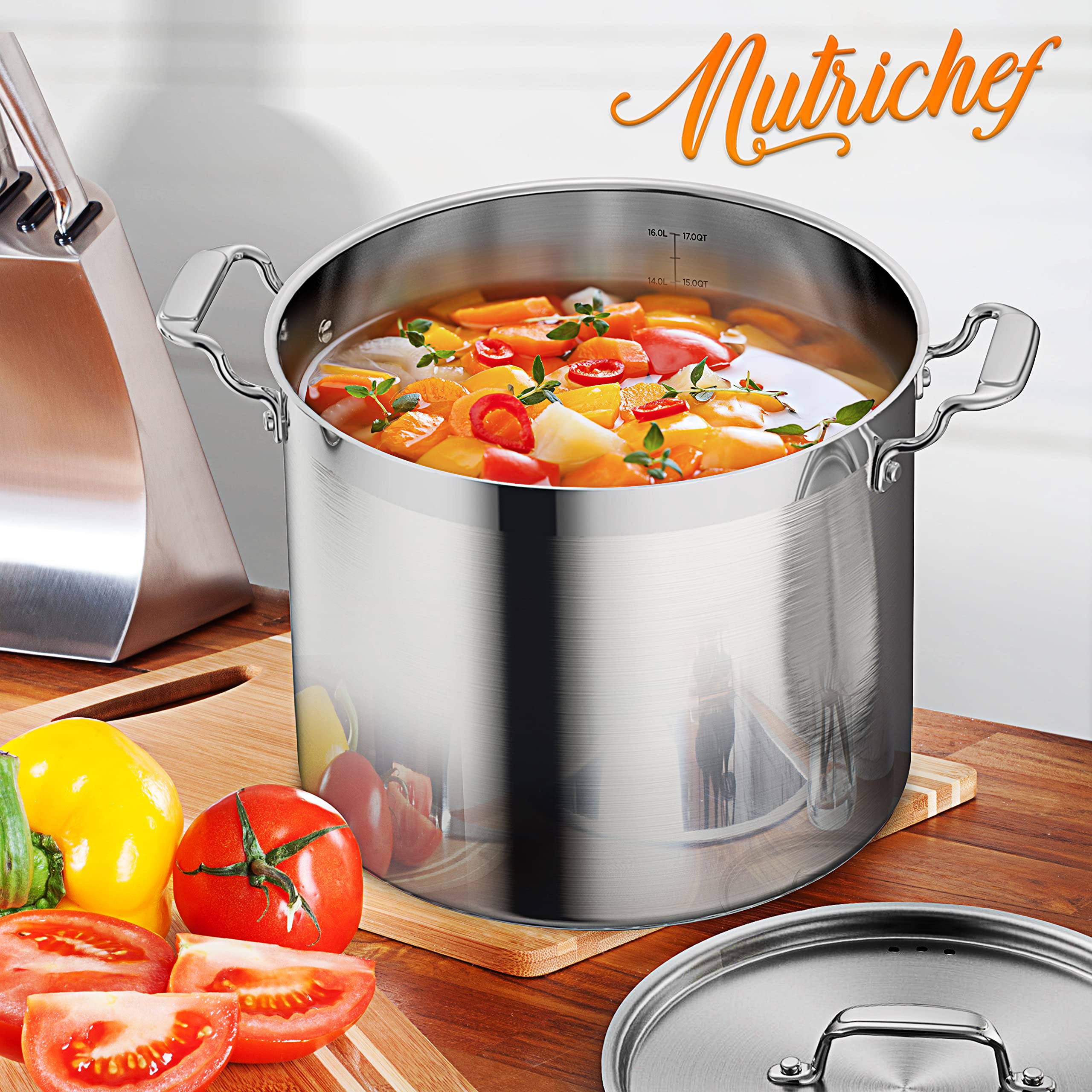 NutriChef 16-Quart Stainless Steel Stockpot - 18/8 Food Grade Heavy Duty Large Stock Pot for Stew, Simmering, Soup, Includes Lid, Dishwasher Safe, Works w/Induction, Ceramic & Halogen Cooktops