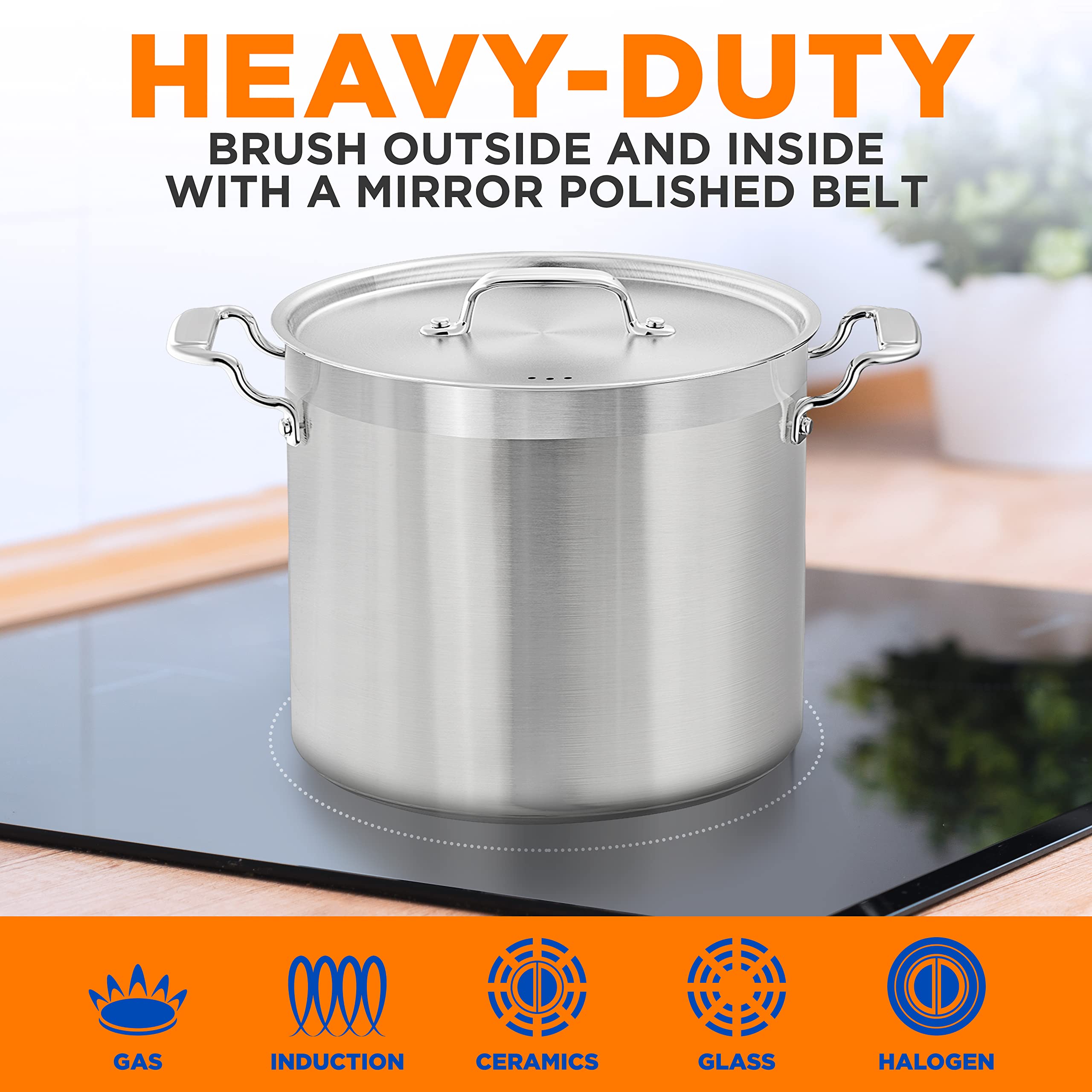 NutriChef 16-Quart Stainless Steel Stockpot - 18/8 Food Grade Heavy Duty Large Stock Pot for Stew, Simmering, Soup, Includes Lid, Dishwasher Safe, Works w/Induction, Ceramic & Halogen Cooktops