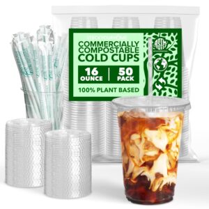 stock your home 16 oz clear commercially compostable cups with lids and straws (set of 50) plant based cold cups eco party cup, environmentally friendly recyclable disposable sustainable