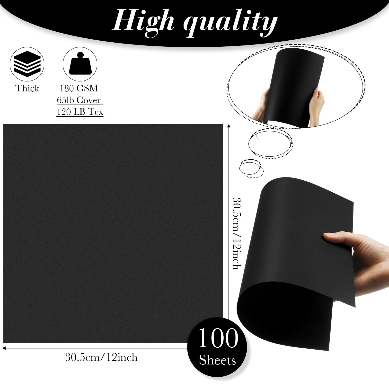 Ctosree 100 Sheets 12 x 12 Inches Cardstock Scrapbook Paper 180 Gsm 65lb Cover 120 lb Thick Heavyweight Creative Card Making Supplies for Printer Invitations Menus Collection DIY Projects (Black)