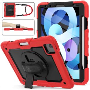 seymac stock case for ipad air 5th/4th generation/pro 11 (4th/3rd/2nd) with screen protector pen holder, 360° rotate hand strap/stand case for ipad air 5th/4th gen 10.9''/ pro 11'' (black+red)