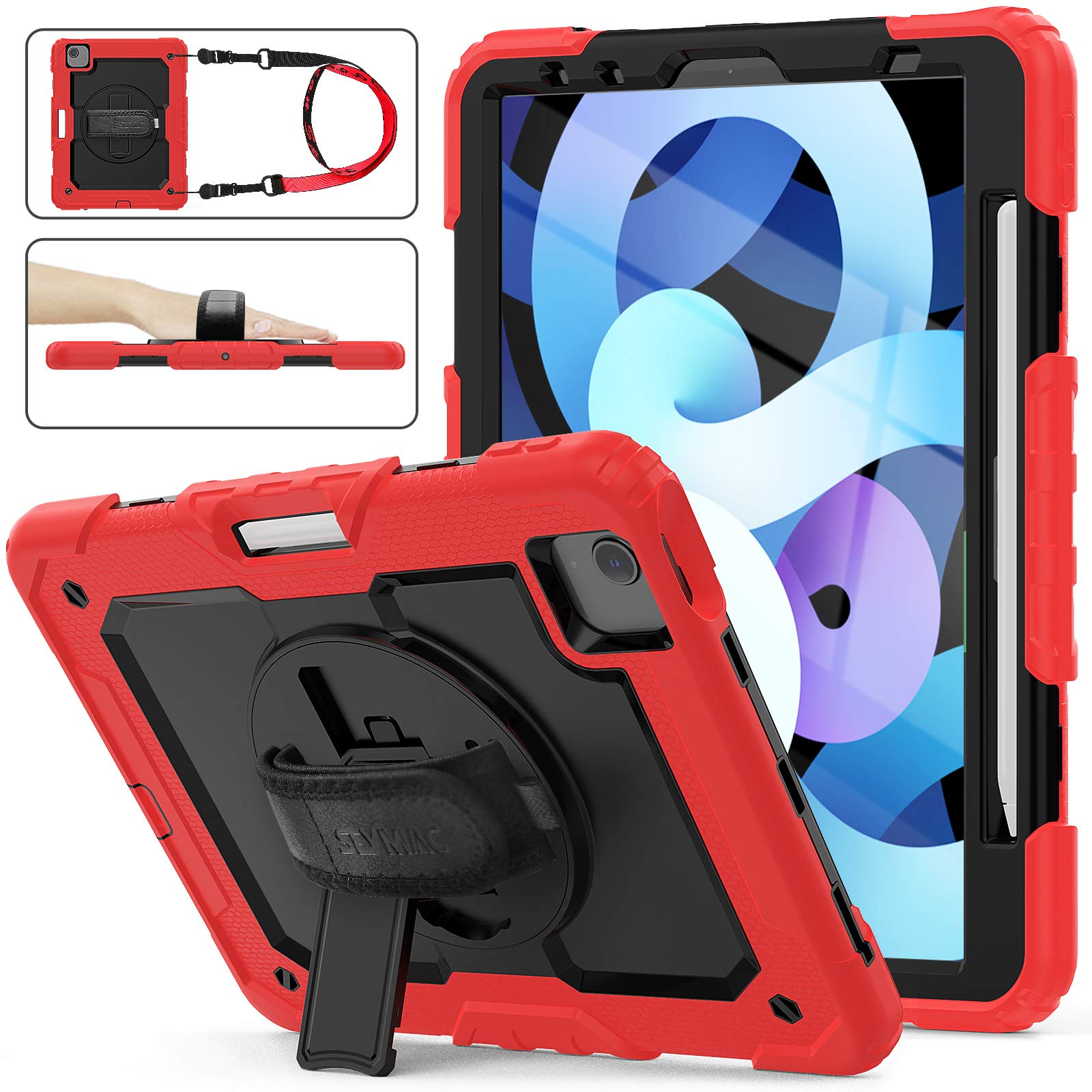 SEYMAC stock Case for iPad Air 5th/4th Generation/Pro 11 (4th/3rd/2nd) with Screen Protector Pen Holder, 360° Rotate Hand Strap/Stand Case for iPad Air 5th/4th Gen 10.9''/ Pro 11'' (Black+Red)