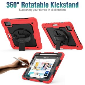 SEYMAC stock Case for iPad Air 5th/4th Generation/Pro 11 (4th/3rd/2nd) with Screen Protector Pen Holder, 360° Rotate Hand Strap/Stand Case for iPad Air 5th/4th Gen 10.9''/ Pro 11'' (Black+Red)