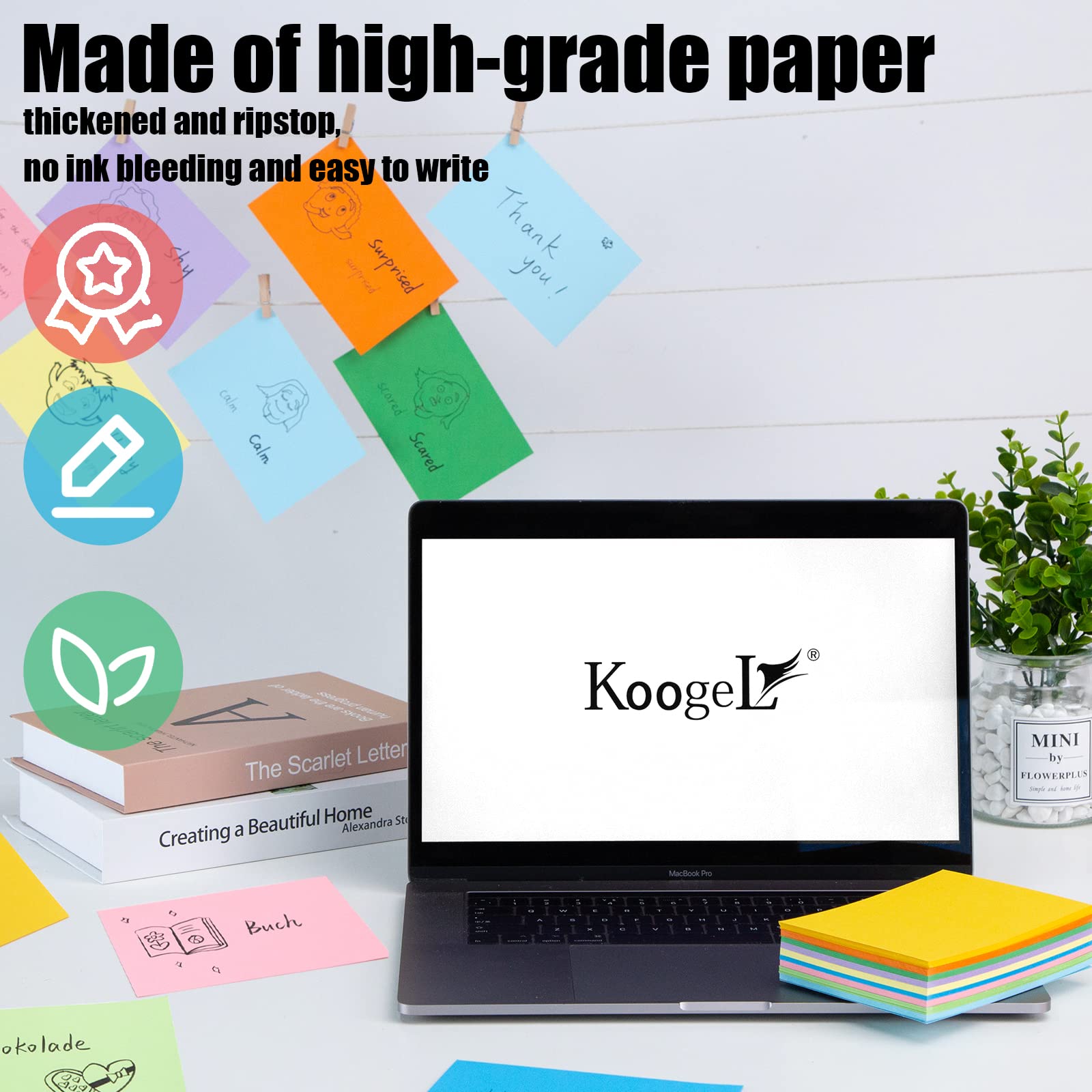 Koogel Blank Index Cards, 180PCS Flash Cards Unruled 4 x 6 Inch Note Cards Study Cards 9 Neon Colors for School Learning Office Memo