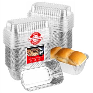 stock your home disposable aluminum mini loaf pans with lids, 1 lb (50 pack) new & improved plastic dome lid foil baking tins, tin pans for cake, bread, holiday baked goods packaging