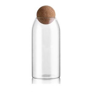 molfuj 1200ml/40oz glass storage container with ball cork, cute decorative organizer bottle canister jar with air tight wood lid for food, coffee, candy, bathroom apothecary cotton swab qtip holder