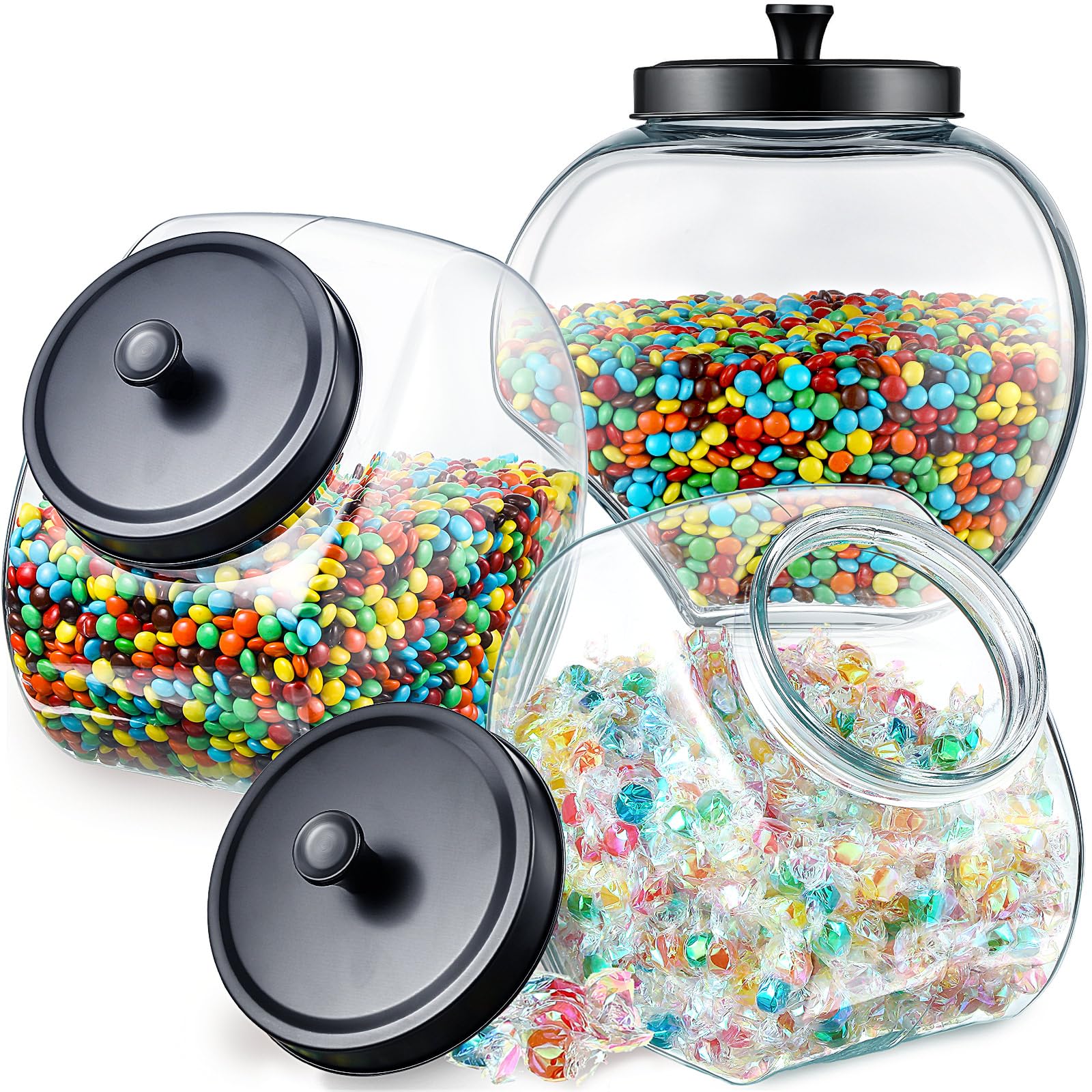 Mumufy Set of 3 Glass Slanted Storage Jar Large Candy Jars with Lids Cookie Jar with Black Matte Metal Top Tilted Clear Candy Containers Sealed Canister with Lid for Home Laundry Kitchen (75 oz)