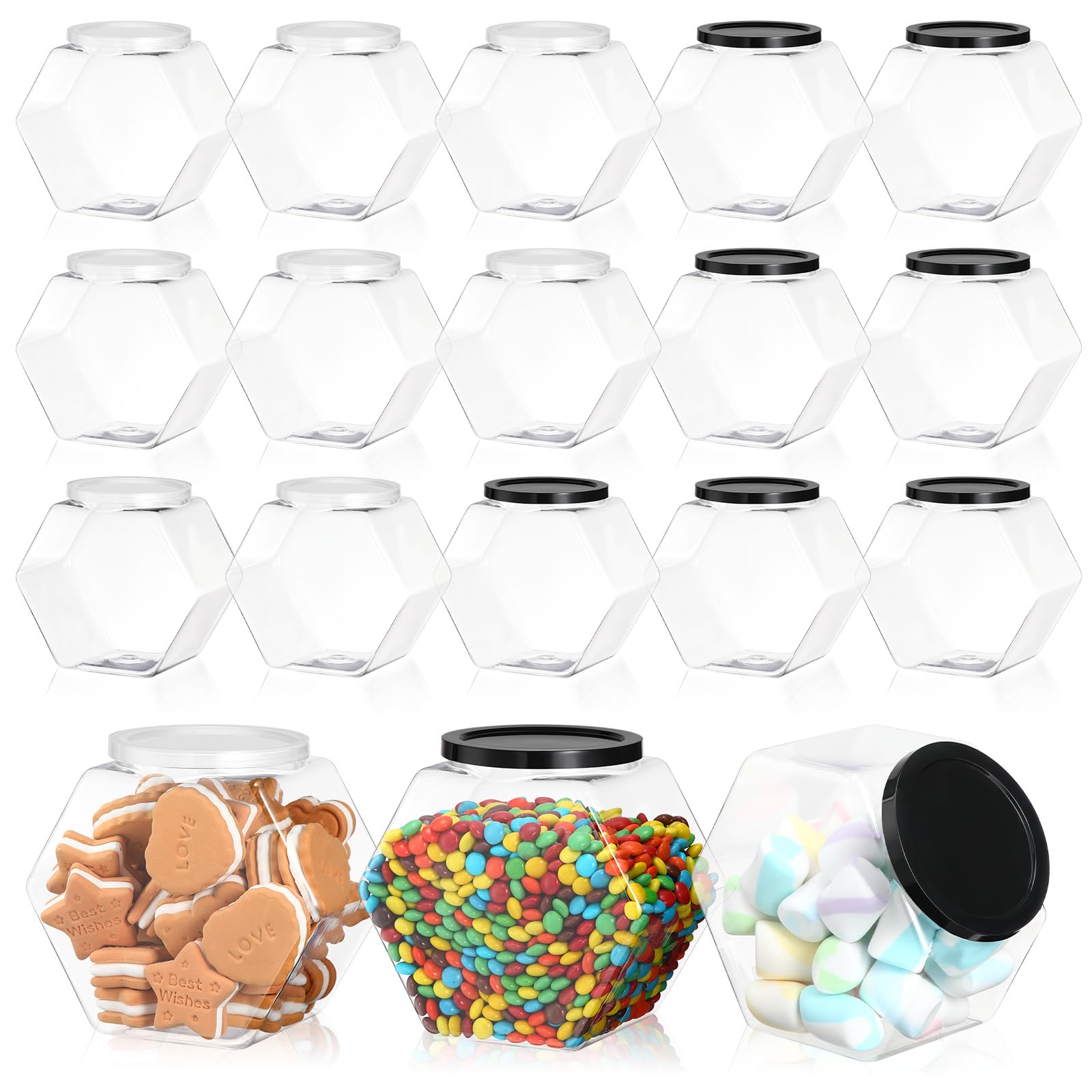 Dandat 18 Pcs Plastic Candy Jar Hexagon Shaped Plastic Cookie Container with Lid 28 oz Clear Wide Mouth Storage Display Jar for Cookies Candy Snacks Paper Stars Laundry Dog Treats Gifts Storage