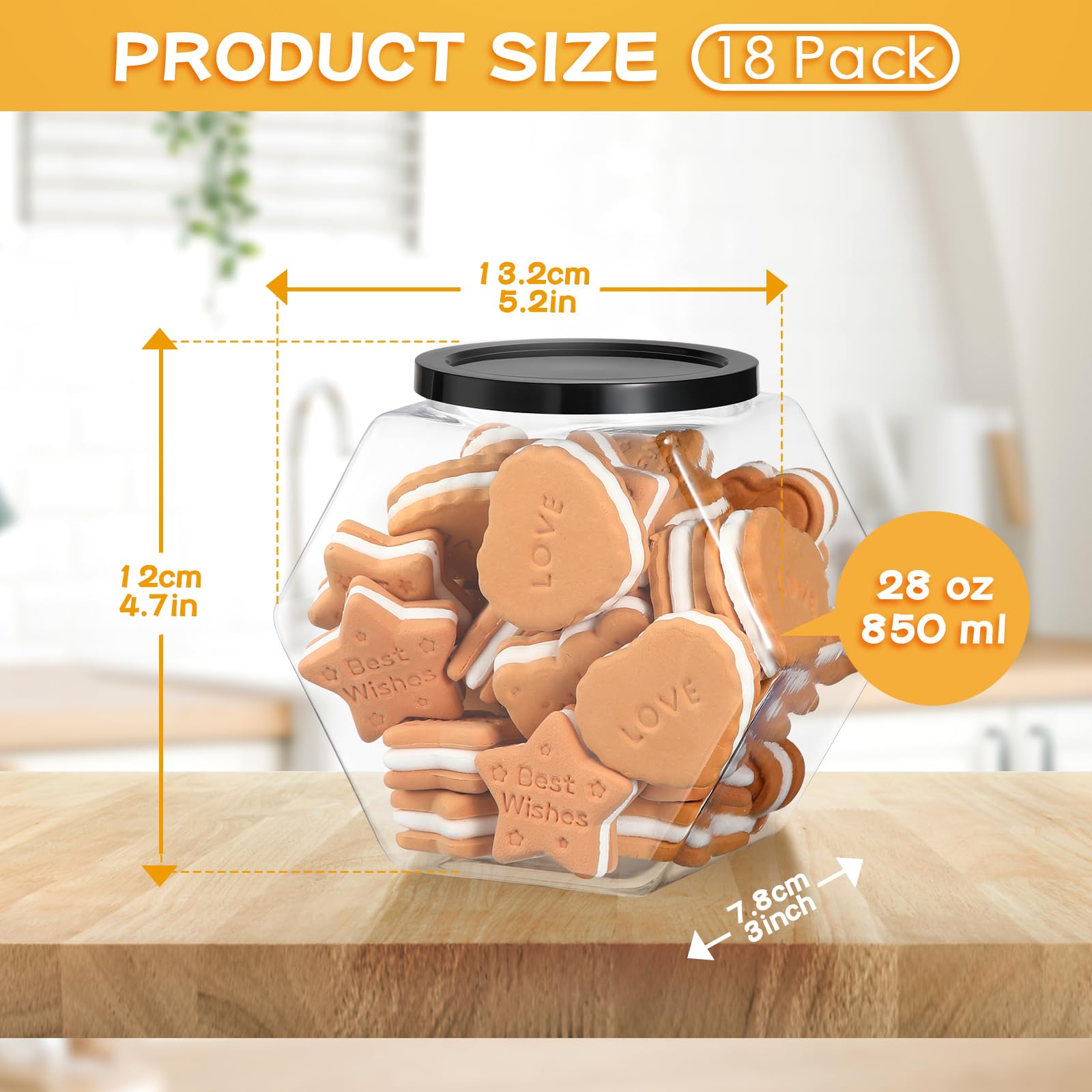 Dandat 18 Pcs Plastic Candy Jar Hexagon Shaped Plastic Cookie Container with Lid 28 oz Clear Wide Mouth Storage Display Jar for Cookies Candy Snacks Paper Stars Laundry Dog Treats Gifts Storage