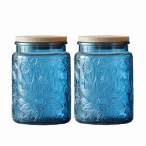 23.7 fl oz blue glass jars, 2 pack vintage glass kitchen storage counter jar, candy jars with lids, blue mason jars hold coffee beans, tea, cookie, sugar, bath salts & more (blue)