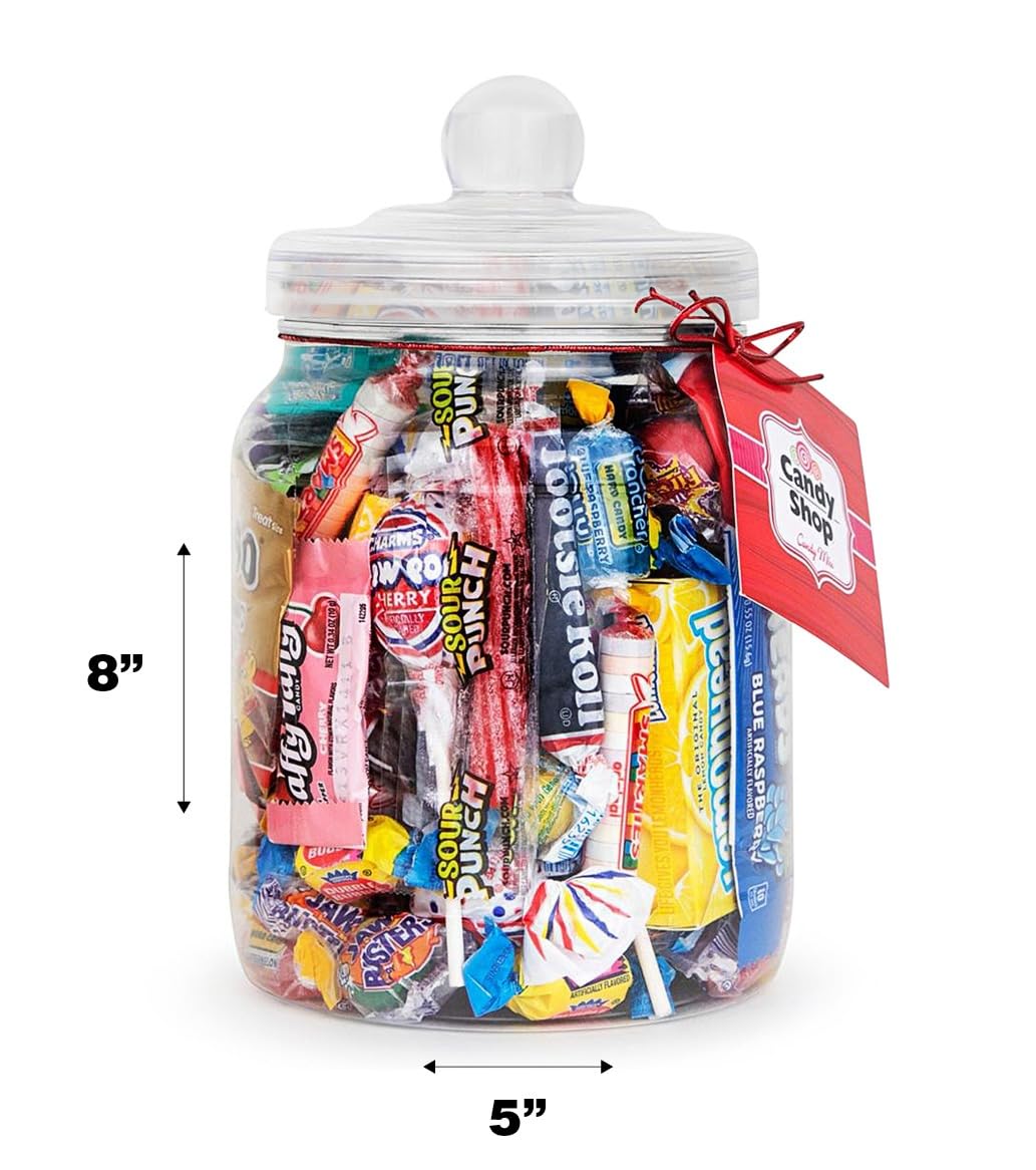 Candy Jar Filled With Your Favorite Party Mix, Blow Pops, Cherry Heads, Gold Bears, Laffy Taffy, Sour Punch, & More - 1.75 Pounds Gift Ready Clear Plastic Jar