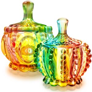 roshtia 2 pcs embossed candy jars with lids colorful glass storage jar crystal jewelry containers for wedding cookies chocolate candies, random styles