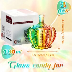 Roshtia 2 Pcs Embossed Candy Jars with Lids Colorful Glass Storage Jar Crystal Jewelry Containers for Wedding Cookies Chocolate Candies, Random Styles