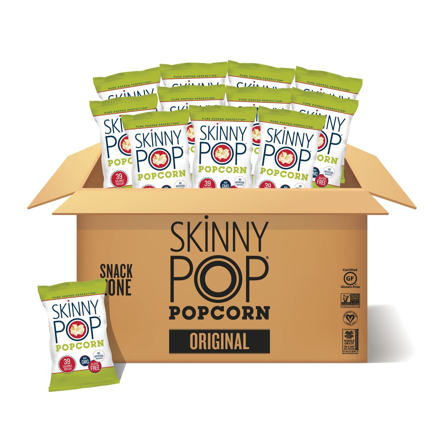 SkinnyPop Popcorn, Gluten Free, Dairy Free, Non-GMO, Healthy Snacks, Skinny Pop Original Popcorn, 1oz Individual Size Snack Bags (12 Count)