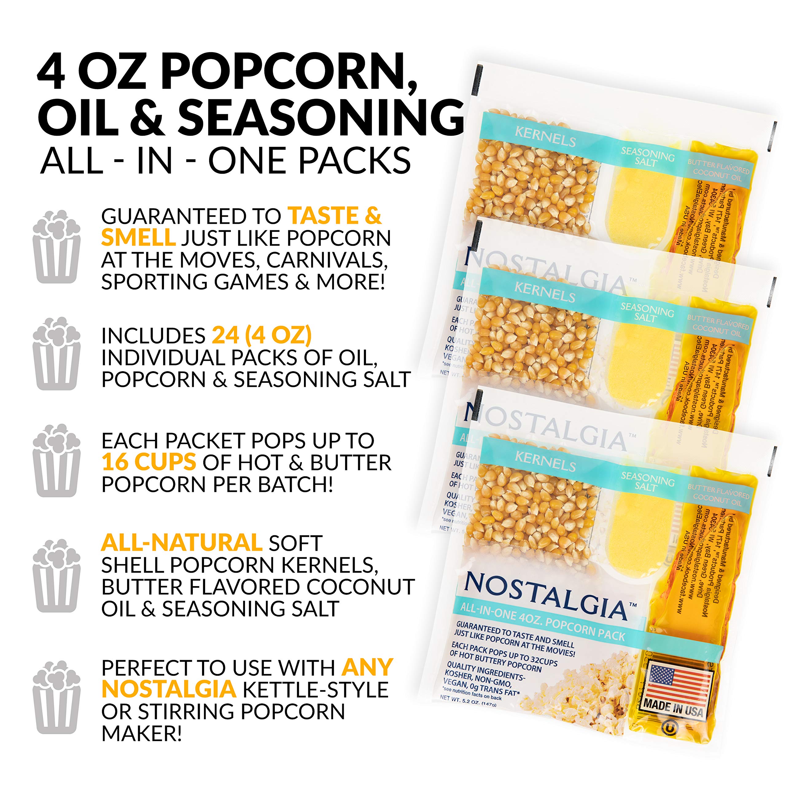 Nostalgia KPP424 Best Tasting Premium 4-Ounce Popcorn, Oil & Seasoning Salt All-In-One Packs - 4 Ounce (Pack of 24)