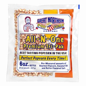 case of 12 popcorn packs - all-in-one kit with 6-ounces of pre-measured kernels, salt, and oil packets for popcorn machines by great northern popcorn