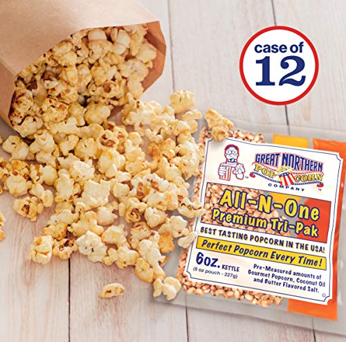 Case of 12 Popcorn Packs - All-In-One Kit with 6-Ounces of Pre-Measured Kernels, Salt, and Oil Packets for Popcorn Machines by Great Northern Popcorn