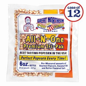 Case of 12 Popcorn Packs - All-In-One Kit with 6-Ounces of Pre-Measured Kernels, Salt, and Oil Packets for Popcorn Machines by Great Northern Popcorn