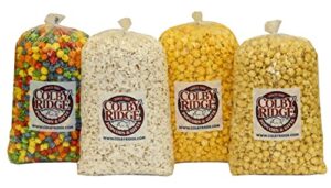 colby ridge 8 gal. (128 cups) popcorn sampler white, caramel, cheese, and rainbow popped popcorn