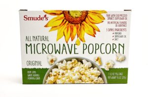 smude's brand all natural microwave popcorn - original | 3 simple ingredients – popcorn, smude’s sunflower oil, & salt | healthy snack, heart healthy, whole grain | gluten free, dairy free, non-gmo, vegan, kosher | pfas-free bags | 1 box of 3 bags