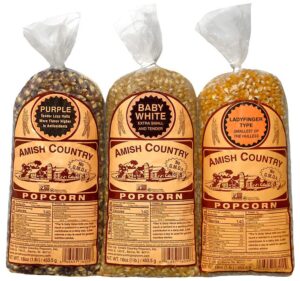 amish country popcorn | 3-1 lb bags | 1 lb baby white, 1 lb ladyfinger, and 1 lb purple popcorn kernels variety pack | old fashioned, non-gmo and gluten free (3-1 lb bags)