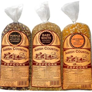 Amish Country Popcorn | 3-1 lb Bags | 1 lb Baby White, 1 lb Ladyfinger, and 1 lb Purple Popcorn Kernels Variety Pack | Old Fashioned, Non-GMO and Gluten Free (3-1 lb Bags)