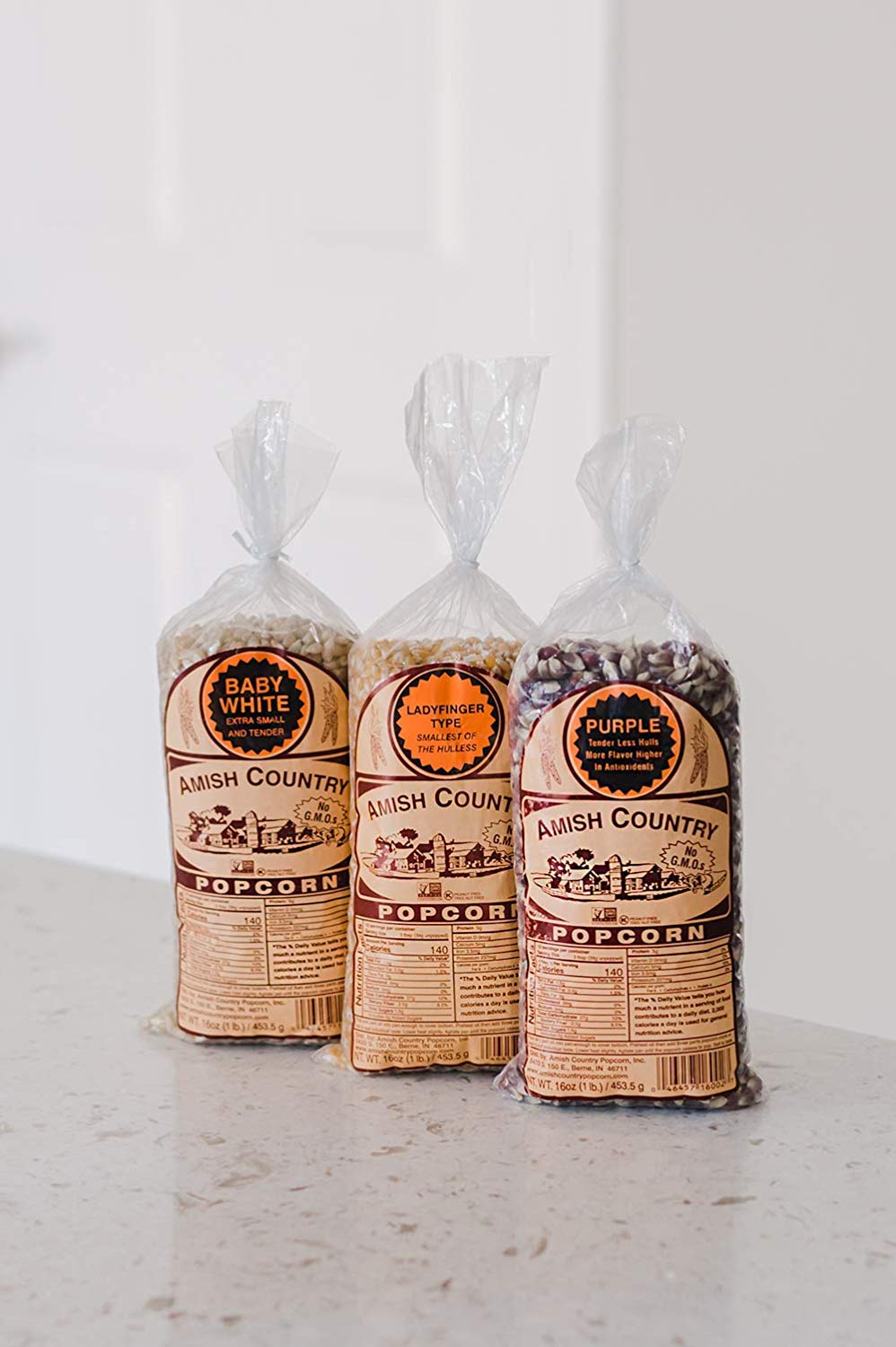 Amish Country Popcorn | 3-1 lb Bags | 1 lb Baby White, 1 lb Ladyfinger, and 1 lb Purple Popcorn Kernels Variety Pack | Old Fashioned, Non-GMO and Gluten Free (3-1 lb Bags)