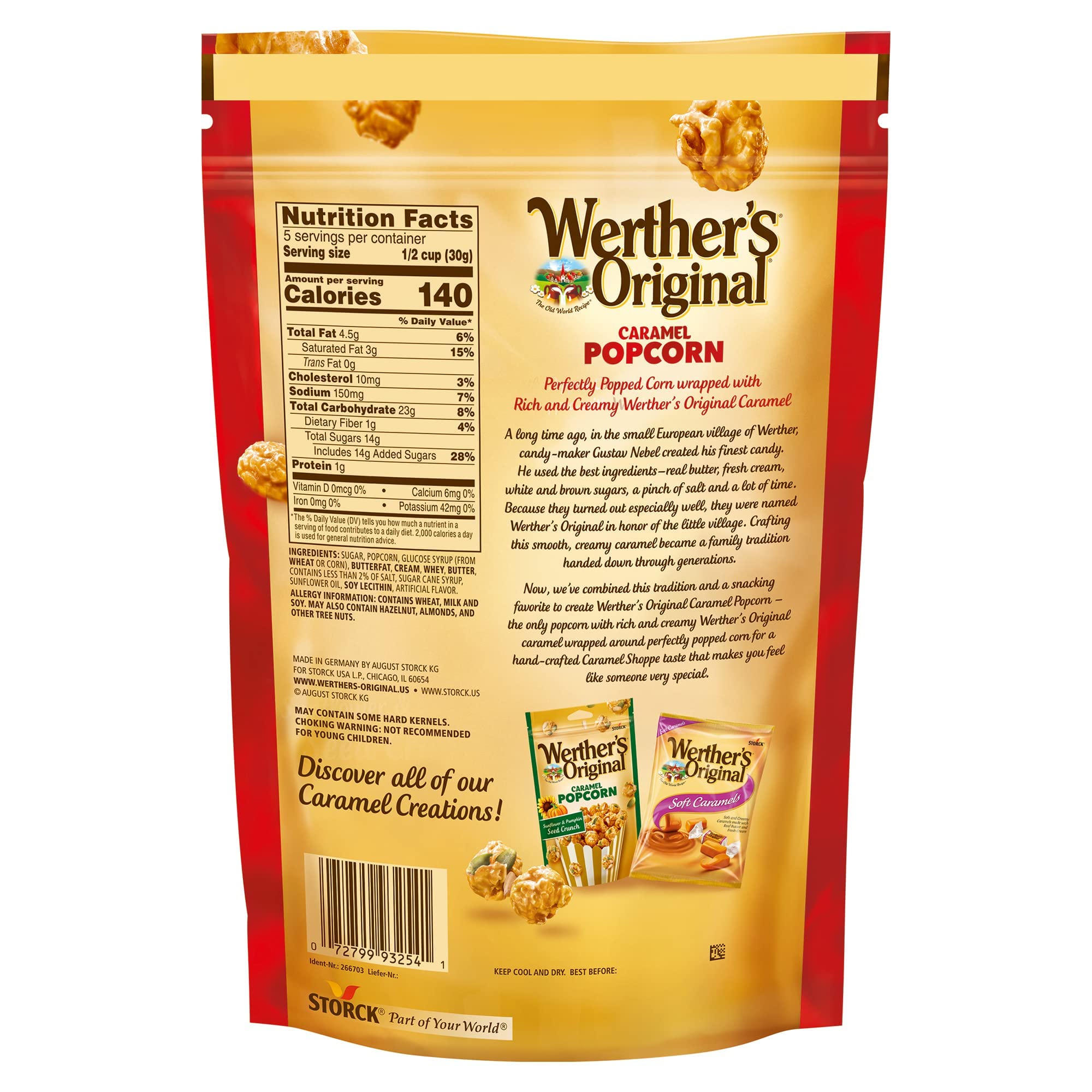 Werther's Original Caramel Popcorn 5.29 oz Bag (Pack of 2) - Made With Fresh Popcorn, Real Butter, and Fresh Cream - Original Flavor