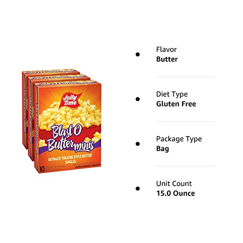 Jolly Time Blast O Butter, Ultimate Movie Theater Butter Microwave Popcorn (Blast O Butter Minis, 1.5 Ounce (Pack of 30))