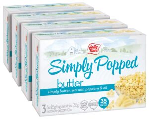 jolly time simply popped - lightly salted microwave popcorn - gluten free & kosher snack with natural whole grain kernels (simply popped butter, 3 ounce (pack of 12))