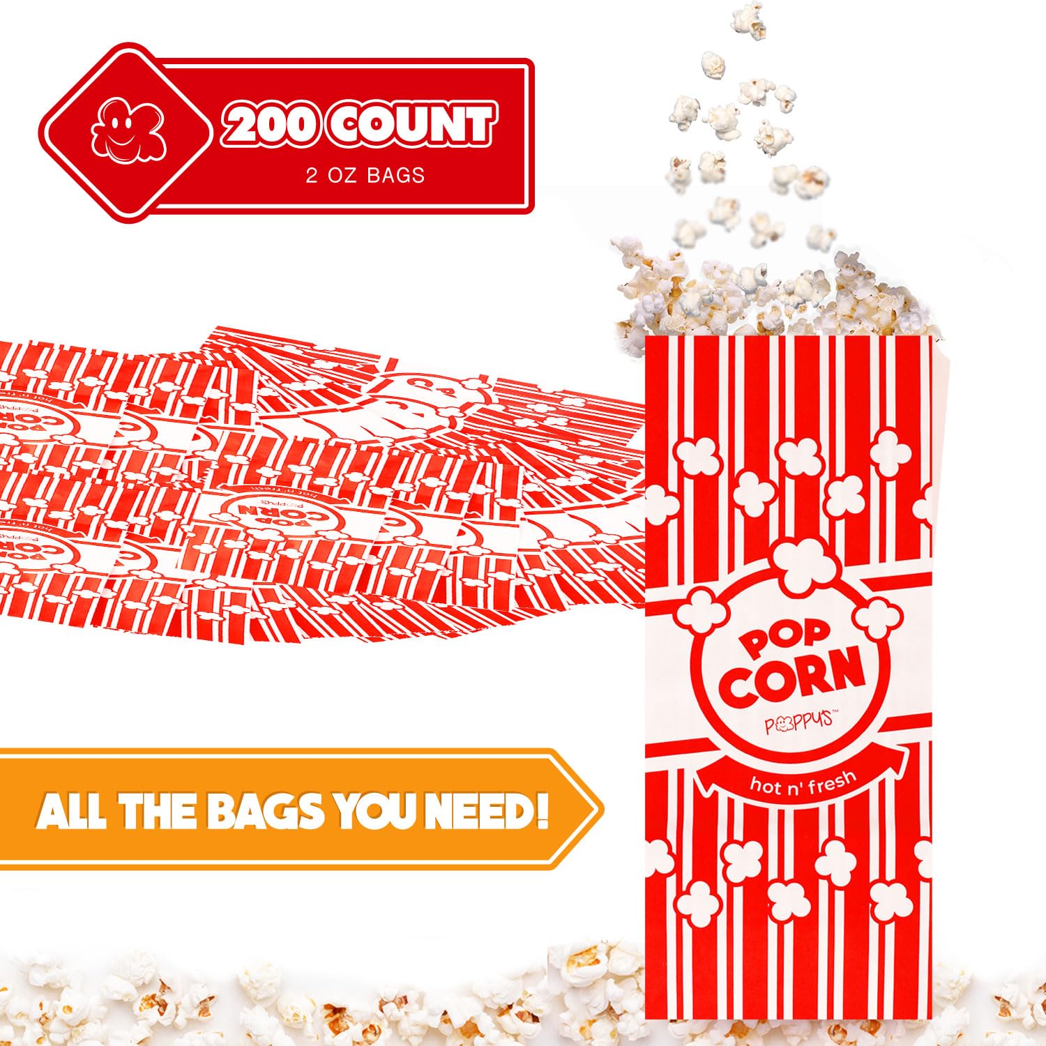 Poppy's Paper Popcorn Bags – 25 2 oz Concession-Grade Bags, Popcorn Machine Accessories for Popcorn Bars, Movie Nights, Concessions