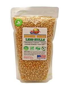 1.9 lb white virtually hulless (less hulls) popcorn kernels • resealable bag • usa grown • non-gmo, vegan, kosher • great for movie night • intl pop