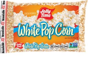 jolly time unpopped popcorn kernels, gourmet popping corn for air popper machine or stovetop, non-gmo (white pop corn, 2 pound (pack of 4))