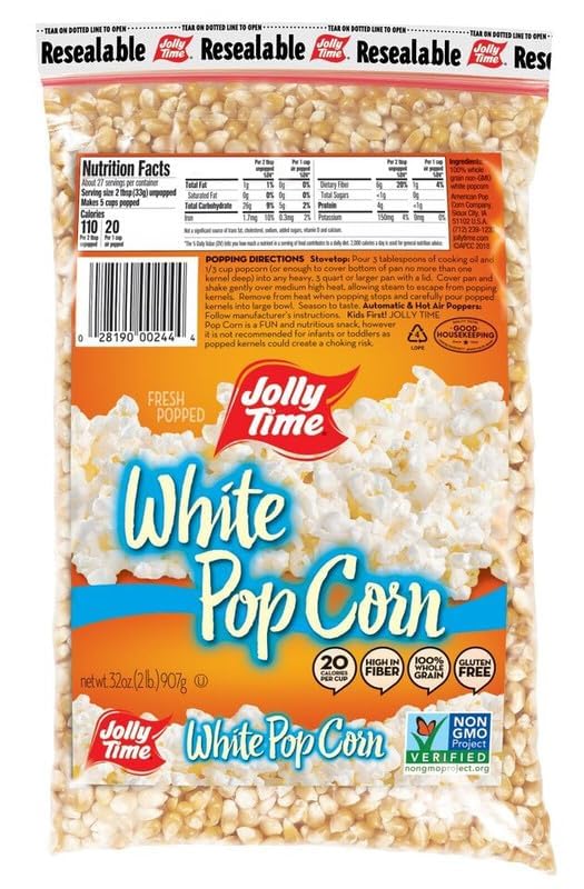 Jolly Time Unpopped Popcorn Kernels, Gourmet Popping Corn for Air Popper Machine or Stovetop, Non-GMO (White Pop Corn, 2 Pound (Pack of 4))