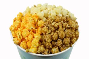 signature popcorn - 1-gallon multi language thank you reusable plastic tin - butter, caramel & cheddar cheese (3-way divider)