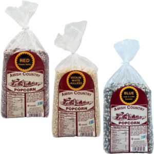 amish country popcorn | 2 lb of red, 2 lb of medium white, & 2 lb of blue kernels | old fashioned, non-gmo and gluten free