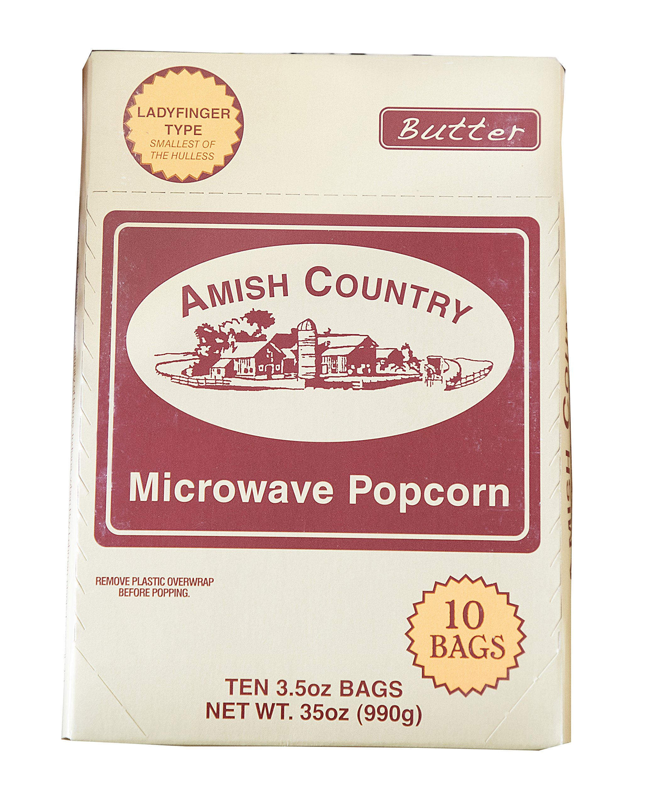 Amish Country Popcorn | Old Fashioned Microwave Popcorn | 10 Bags Ladyfinger Butter | Non-GMO, Gluten Free, Microwaveable and Kosher (10 Bags)