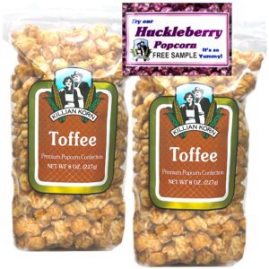 killian korn, toffee popcorn "sooo yummy", all naturally flavored popcorn, perfectly popped popcorn, 8 oz (pack of 2) + includes-free huckleberry gourmet popcorn sample pack .50 oz