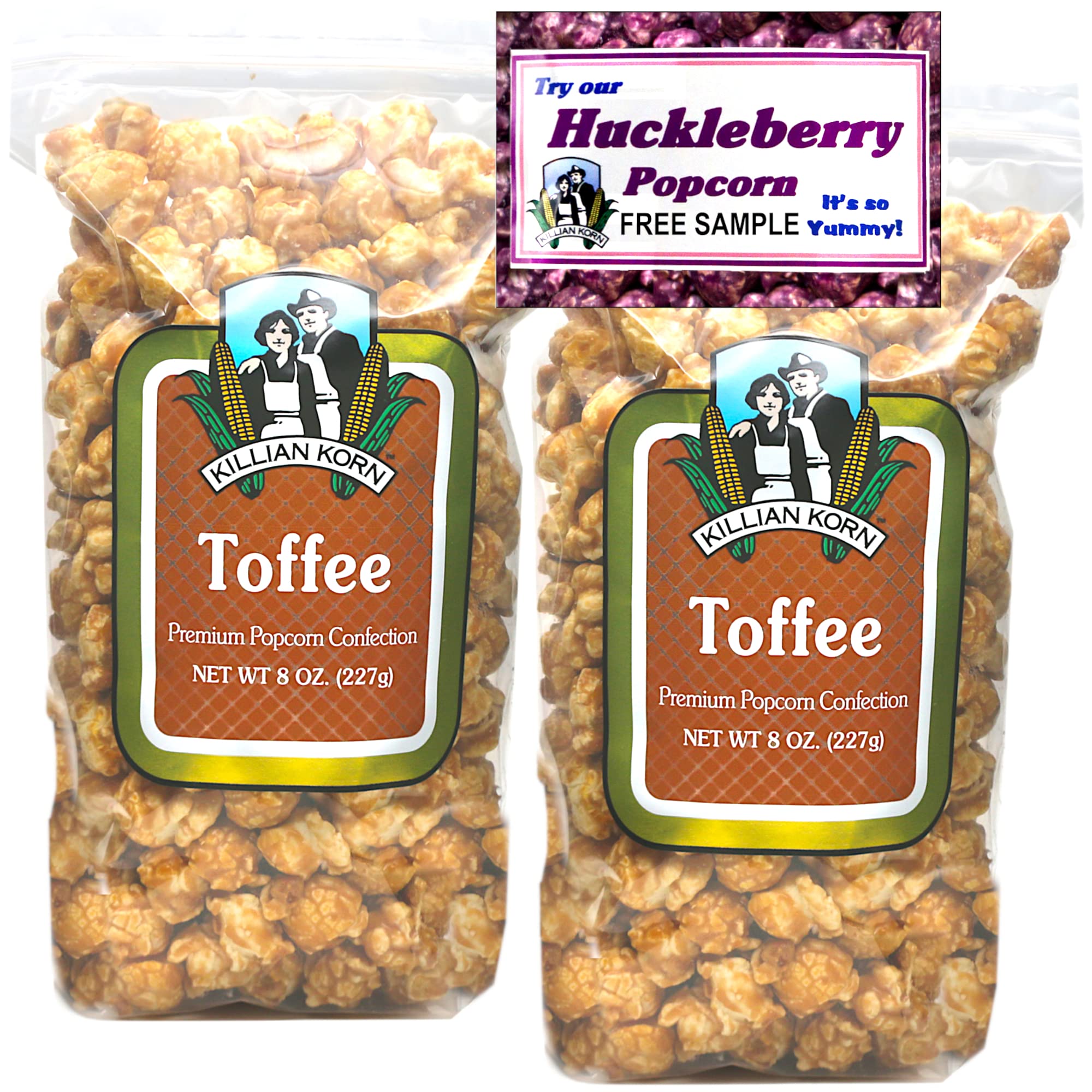 Killian Korn, Toffee Popcorn "Sooo Yummy", All Naturally Flavored Popcorn, Perfectly Popped Popcorn, 8 oz (Pack of 2) + Includes-Free Huckleberry Gourmet Popcorn Sample Pack .50 oz