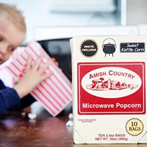 Amish Country Popcorn | Old Fashioned Microwave Popcorn | 10 Bags Sweet Kettle White Hulless | Non-GMO, Gluten Free, Microwaveable and Kosher (10 Bags)