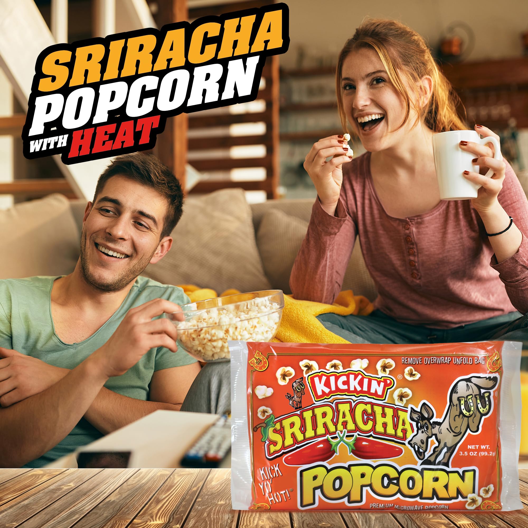 KICKIN' Sriracha Microwave Popcorn Bags - 12 Pack - Ultimate Spicy Popcorn Gourmet Gift - Makes a Great Movie Theater Popcorn or Sriracha Snack Food for Movie Night