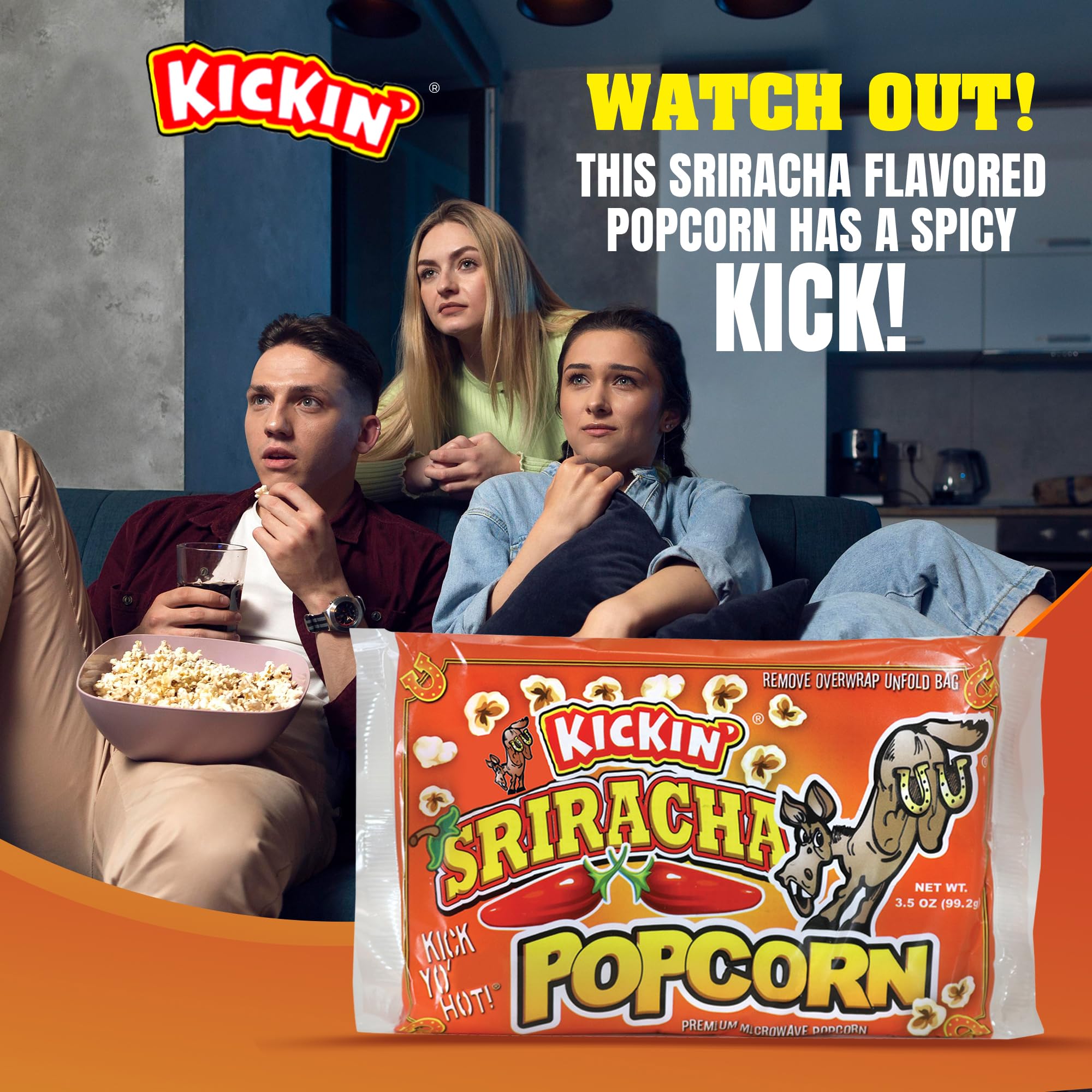 KICKIN' Sriracha Microwave Popcorn Bags - 12 Pack - Ultimate Spicy Popcorn Gourmet Gift - Makes a Great Movie Theater Popcorn or Sriracha Snack Food for Movie Night