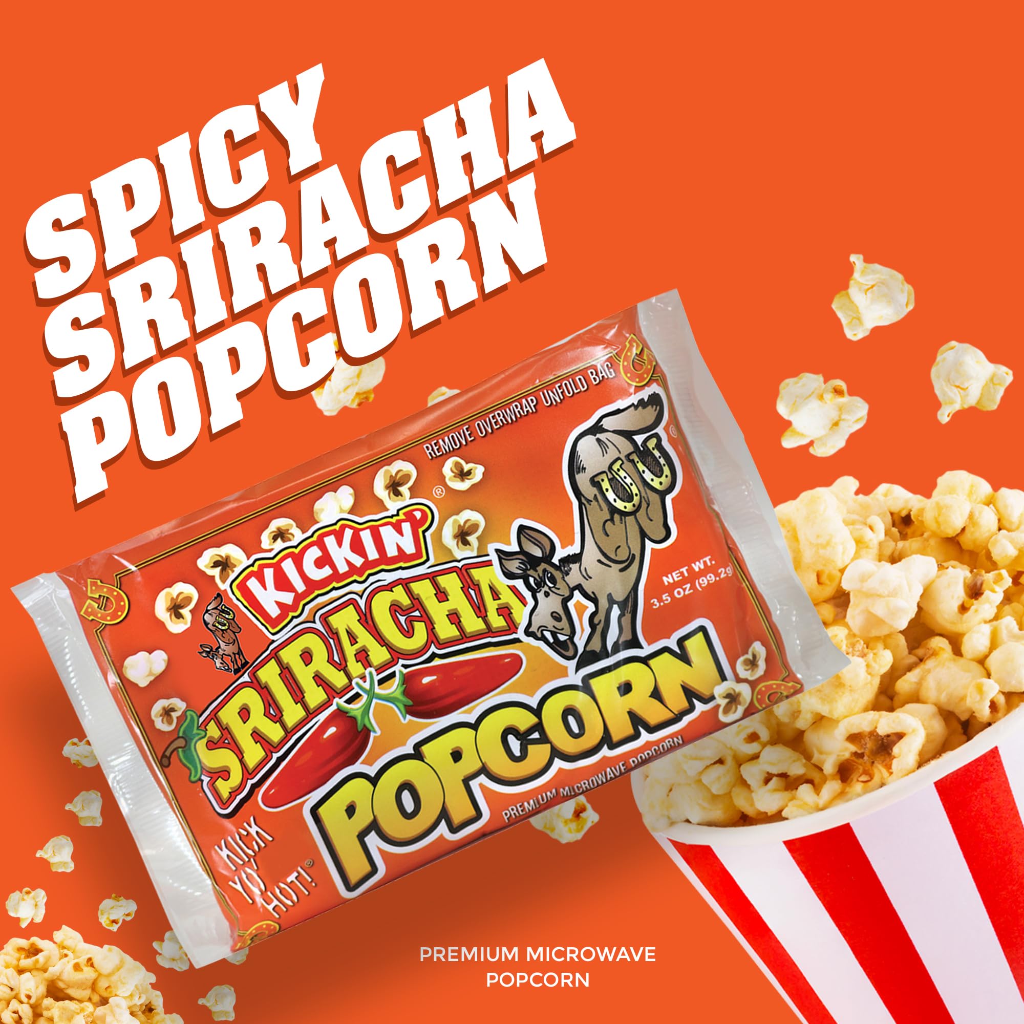 KICKIN' Sriracha Microwave Popcorn Bags - 12 Pack - Ultimate Spicy Popcorn Gourmet Gift - Makes a Great Movie Theater Popcorn or Sriracha Snack Food for Movie Night