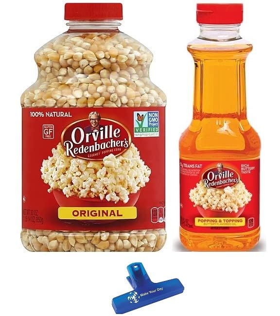 Orville Redenbacher's Gourmet Popping Corn, Original Pop Corn and Popping & Topping Buttery Flavored Oil (Pack of 2) - with Make Your Day Bag Clip