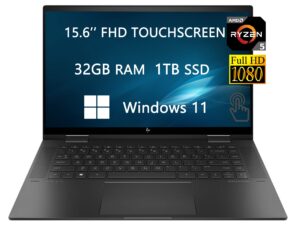 hp envy x360 15 fhd 2-in-1, touchscreen laptop, 2023 newest upgrade, amd ryzen 5 5625u, 32gb ram, 1tb ssd, backlit keyboard, hdmi, fast charge, windows 11, school and business ready, rokc hdmi cable