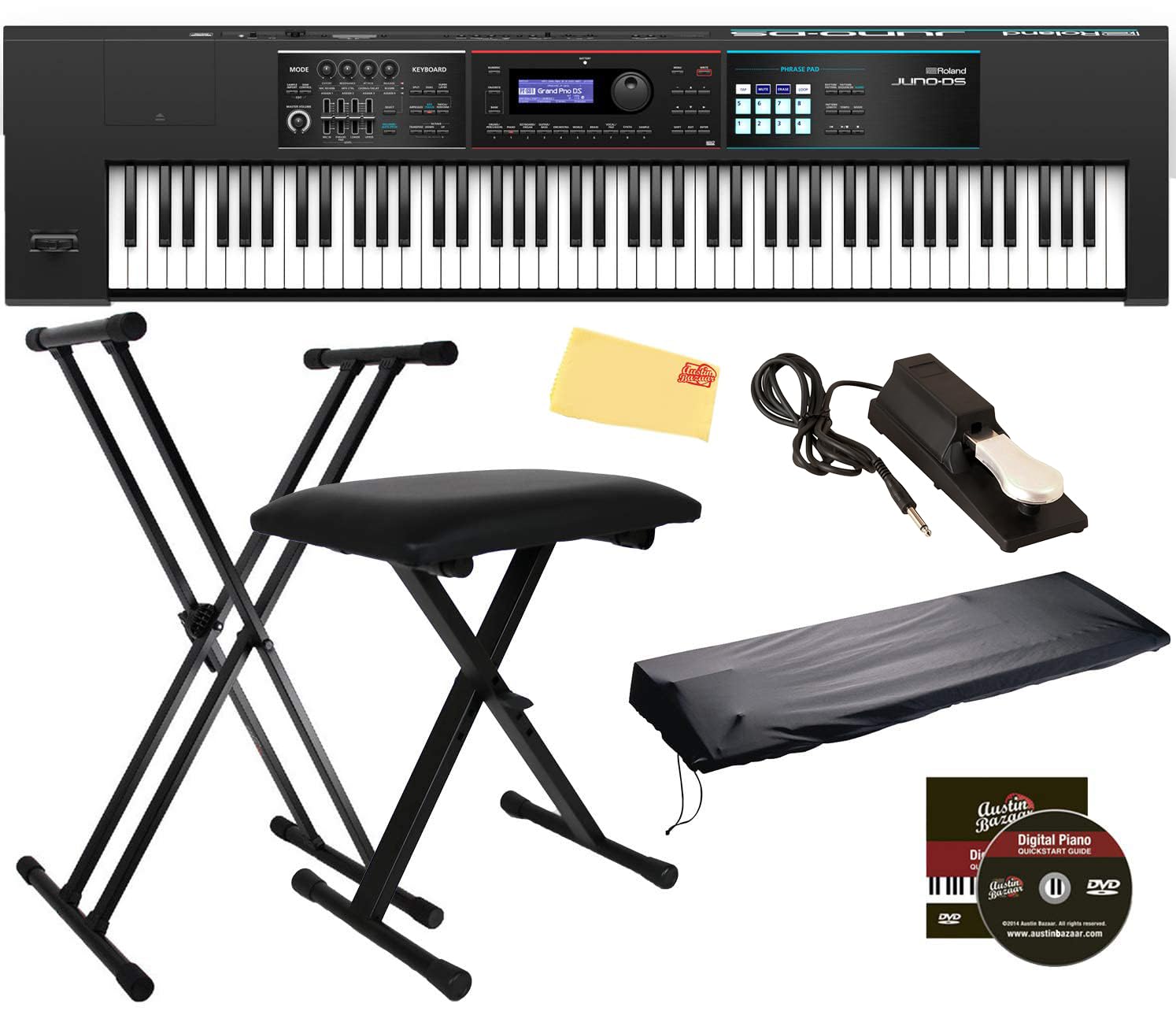 Roland Juno DS-88 Synthesizer Bundle with Sustain Pedal, Adjustable Stand, Bench, Dust Cover, Austin Bazaar Instructional DVD, Online Piano Classes, and Polishing Cloth