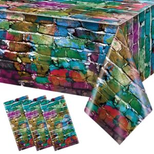 3 pack colorful brick tablecloth rectangle, graffiti brick wall backdrop photo background, plastic retro brick table cover, brick wall scene for 80s 90s hip hop disco party decorations, 54x108inch