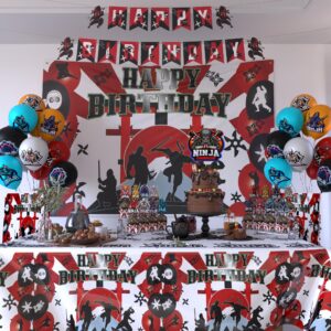 nelton ninja party supplies includes cake topper, 24 cupcake toppers, 20 latex balloons, happy birthday backdrop, 1 table cloth , 1 banner